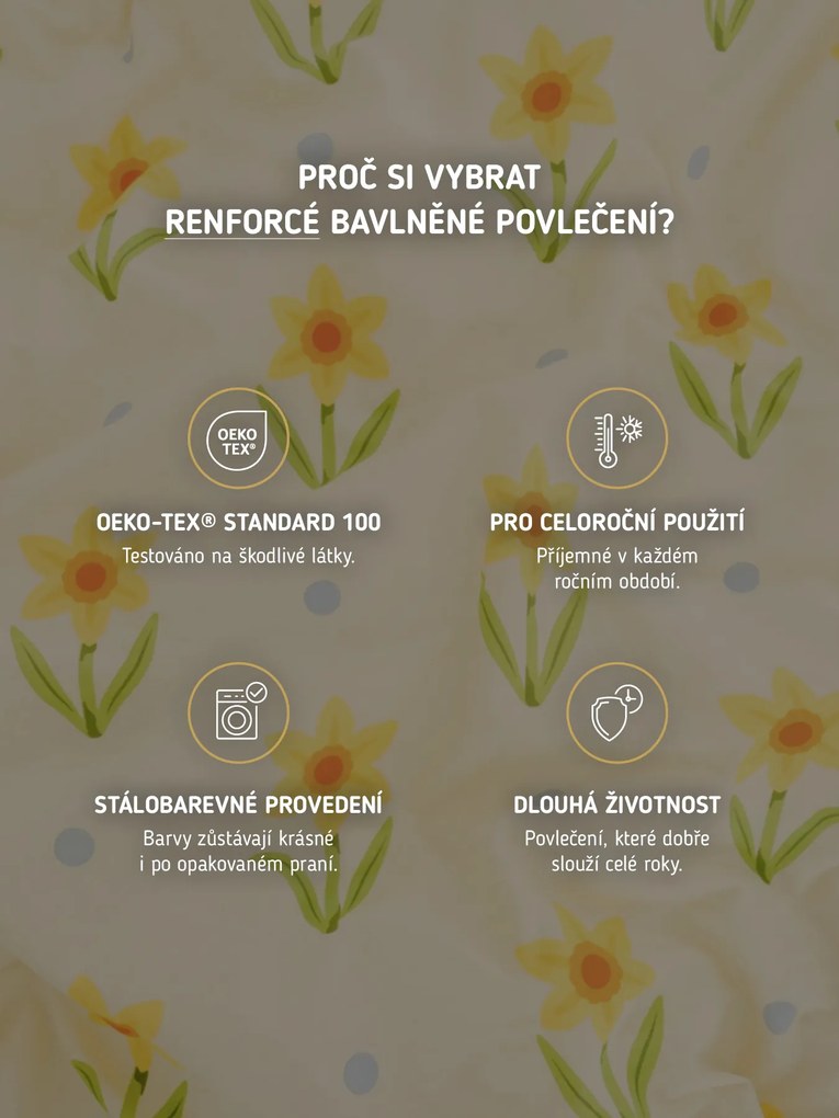 MK Lůžkoviny Bavlněné povlečení Renforcé - Narcis bíložluté 140 × 200 cm, 70 x 90 cm