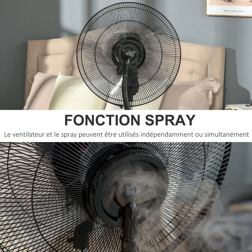 HOMCOM Tichý Zamlžovací Ventilátor 90 W, 135 cm Stojanový Ventilátor s 3 režimy a 3 rychlostmi, dálkové ovládání, 12H časovač, 70° oscilace, LED displ
