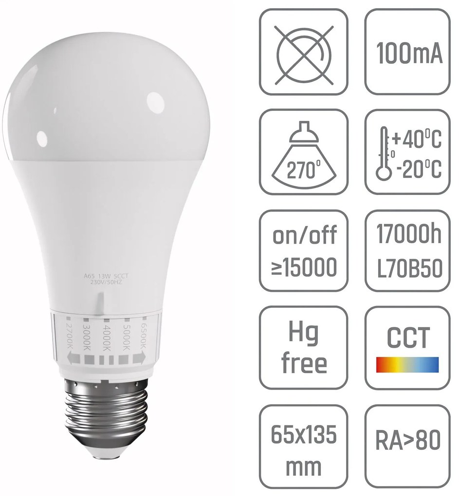 Spectrum LED LED žárovka 5 barev světla GLS E27 230V 13W 5CCT