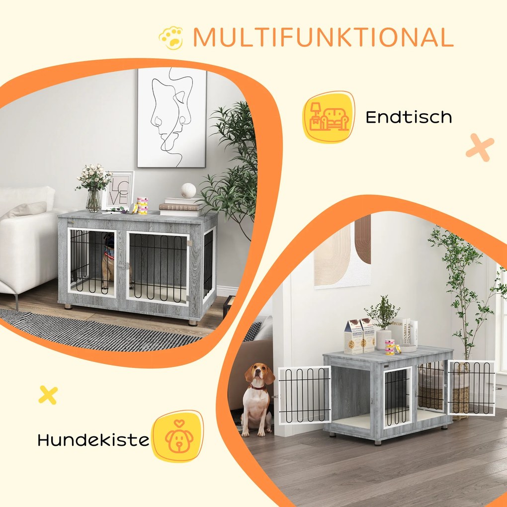 PawHut klec pro psy, psí bouda, klec pro domácí mazlíčky s polštářem, 2 zámky pro střední psy, klec pro psy s dvojitými dveřmi, šedá, 90 x 58 x 65 cm