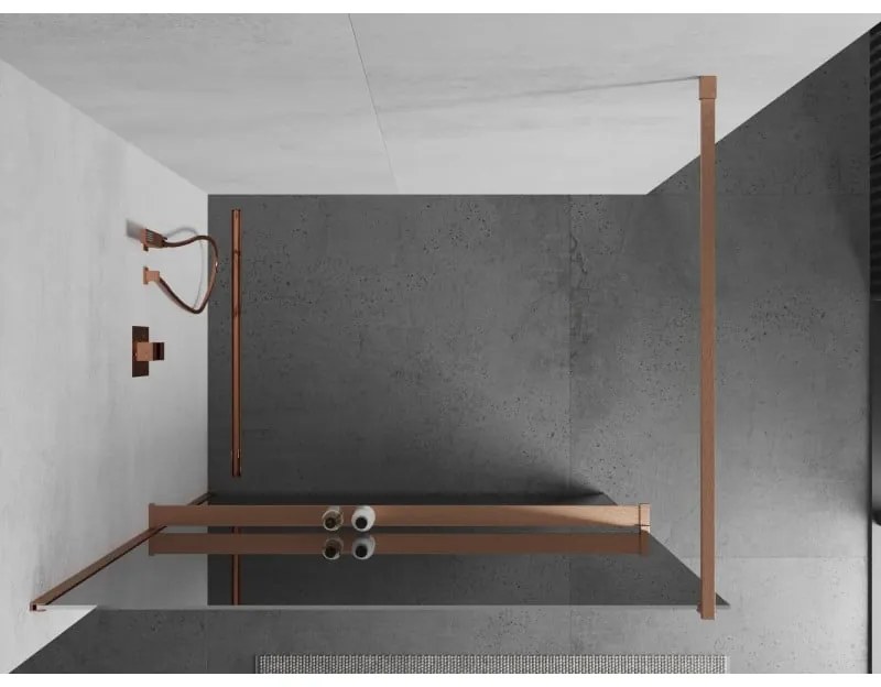 Mexen Kioto+, sprchová zástěna Walk-In s poličkou a věšákem 120 x 200 cm, 8mm sklo vzor zrcadlo, měděný matný profil, 800-120-121-65-50
