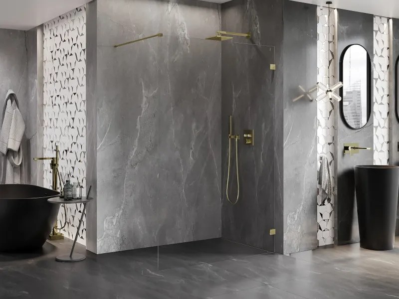 Mexen Lunar sprchová stěna pravá 140 x 200 cm, 8mm čiré sklo, zlatá lesklá, 830-140-000-50-00-P