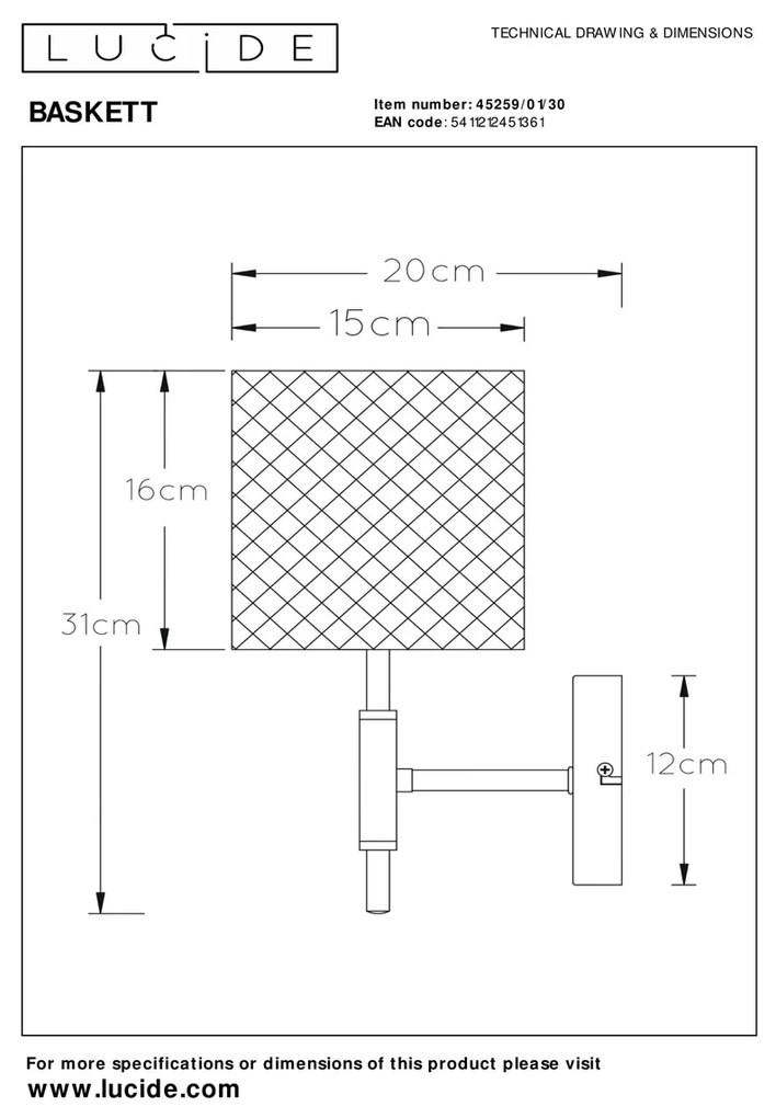 Lucide 45259/01/30 nástěnné svítidlo Baskett černé, E27, 31cm