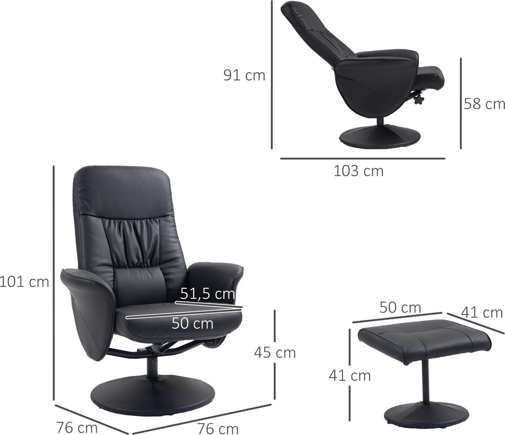 Relaxační křeslo s podnožkou, polohovací TV křeslo 145°, otočné 360°, umělá kůže, černé