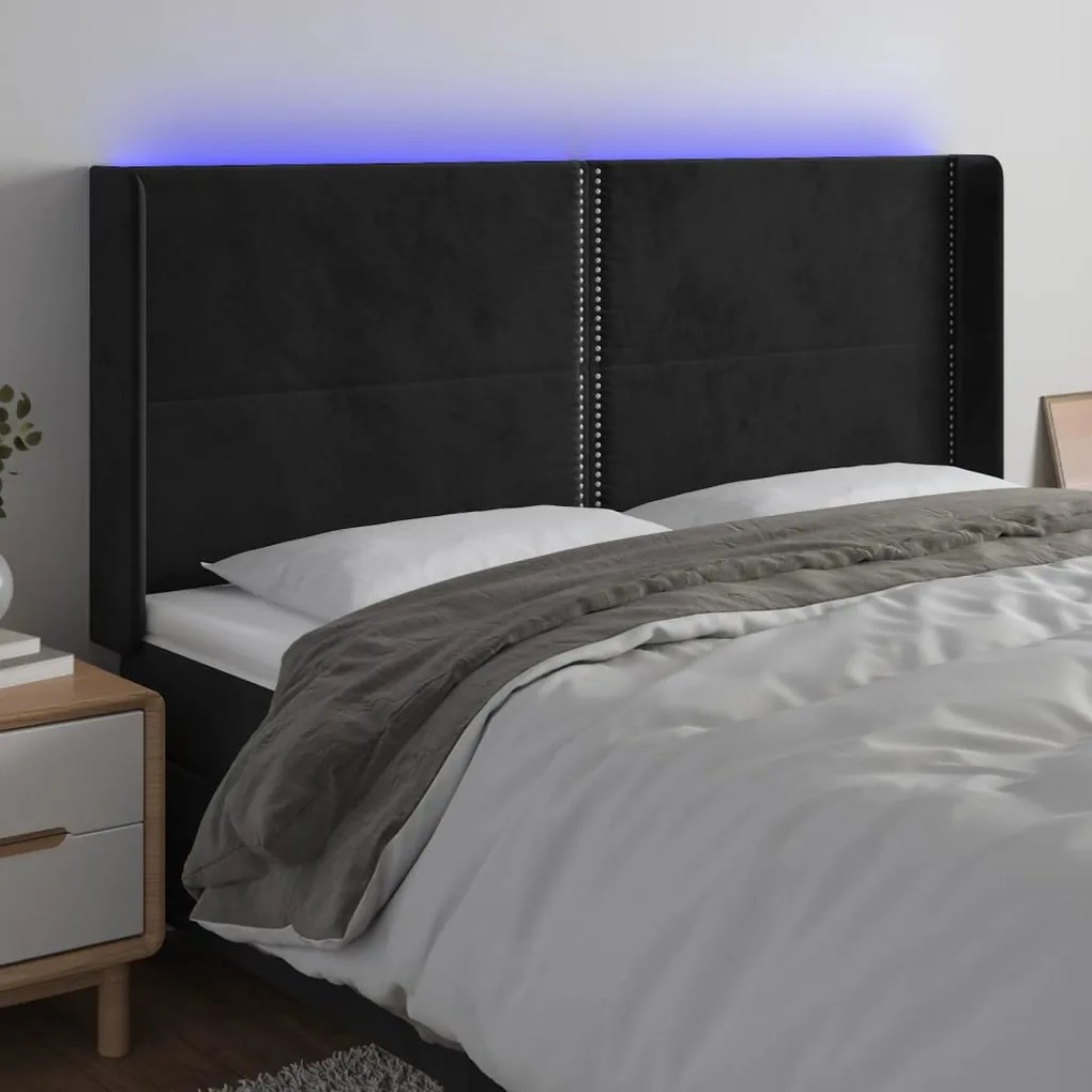 Čelo postele s LED černé 203 x 16 x 118/128 cm samet 3123976