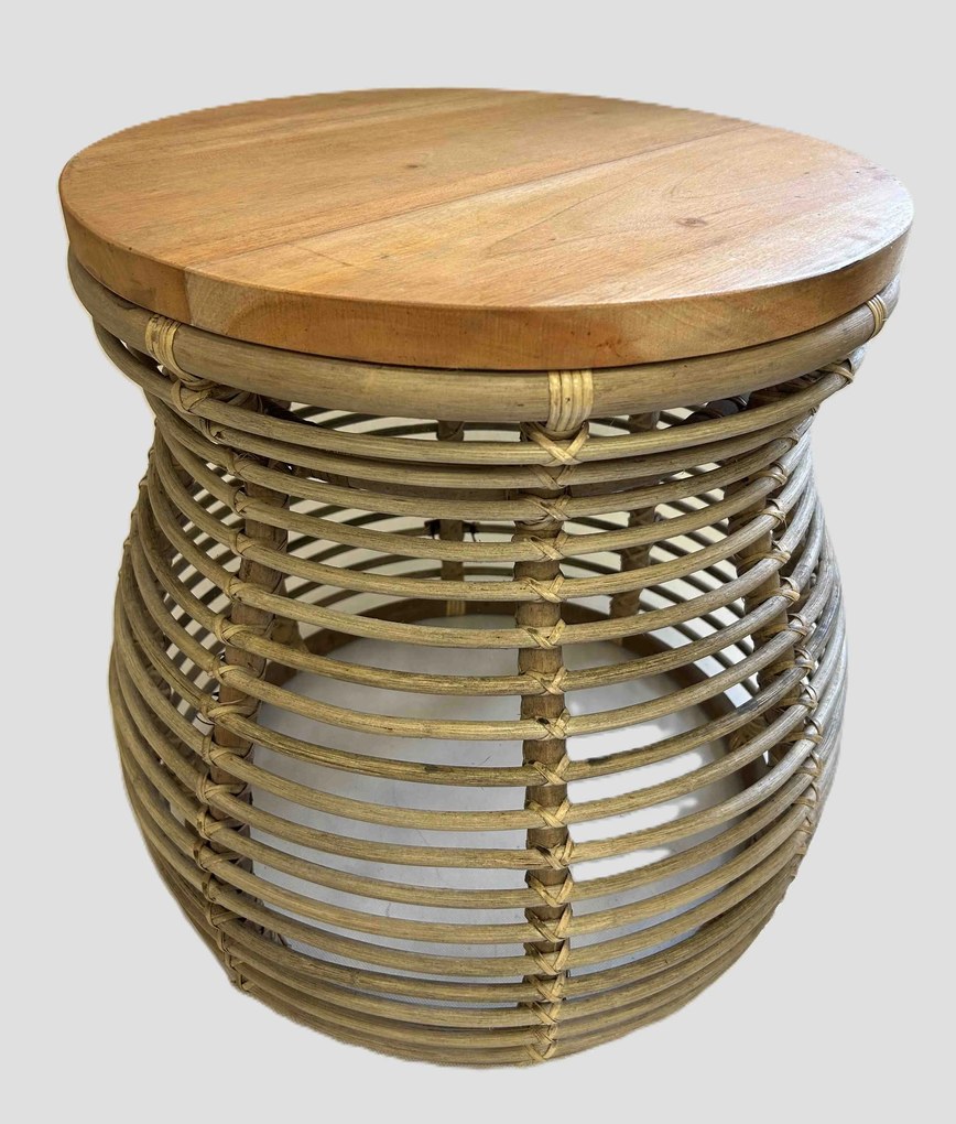 Vingo Odkládací stolek z ratanu s dřevěnou deskou, 60 cm
