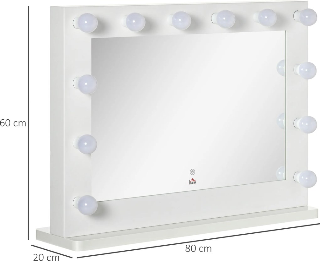 HOMCOM Hollywoodské zrcadlo s osvětlením, kosmetické zrcadlo s dotykovým spínačem, kosmetické zrcadlo s 12 stmívatelnými LED světly, 80 x 60 cm, kosm…