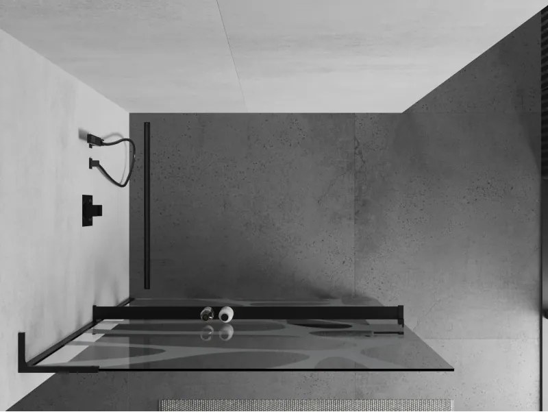 Mexen Kioto+ L, sprchová zástěna Walk-In s poličkou a věšákem 70 x 200 cm, 8mm čiré sklo bílý vzor, černý profil, 800-070-123-70-97