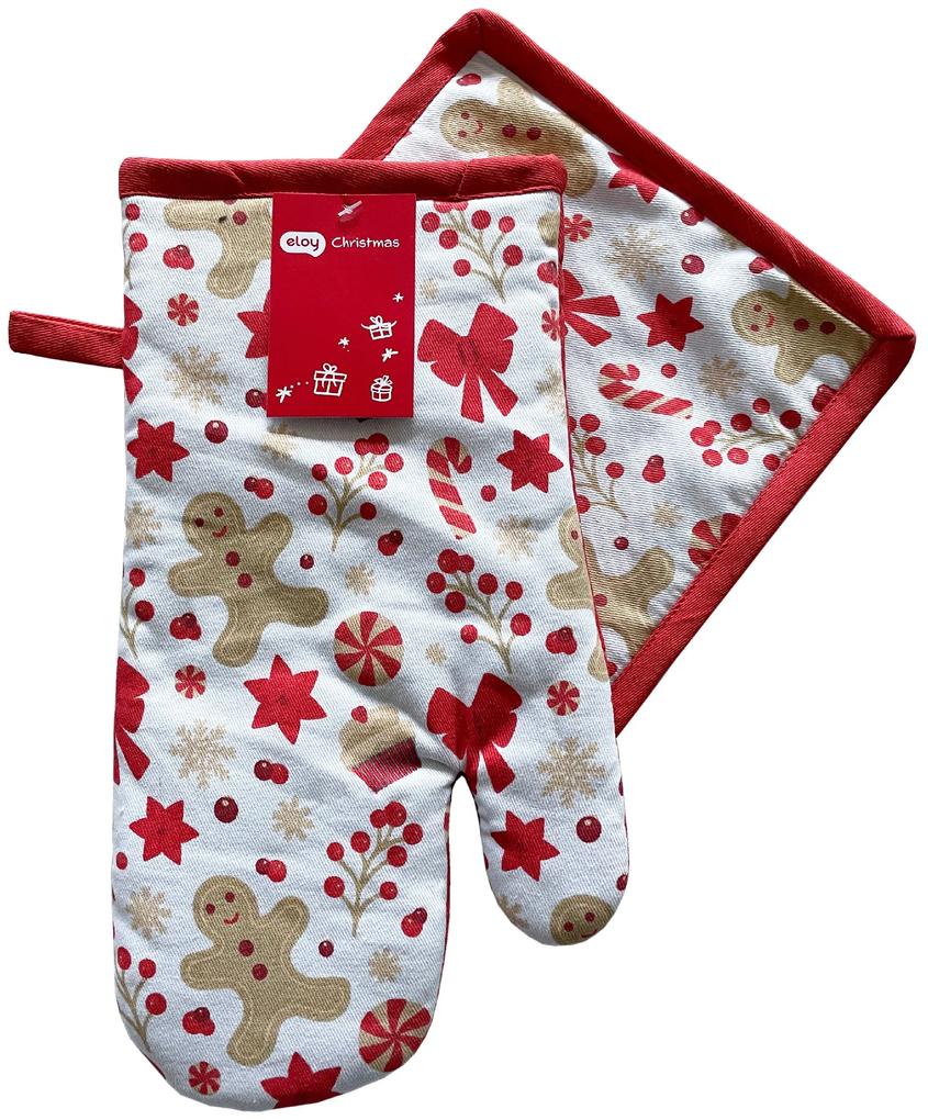 Vánoční kuchyňský set vánoční rukavice/chňapka CHRISTMASSY bílá/červená 18x30 cm/20X20 cm 100% bavlna