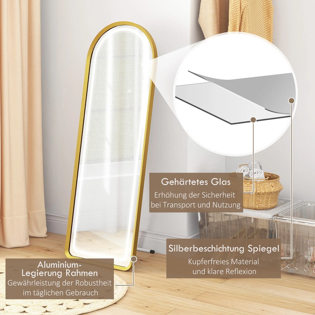 HOMCOM Zrcadlo po celé délce se stmívatelným LED světlem, nástěnné a stojací zrcadlo, šatní zrcadlo s dotykovým spínačem, zlaté 47x146 cm | Aosom.de