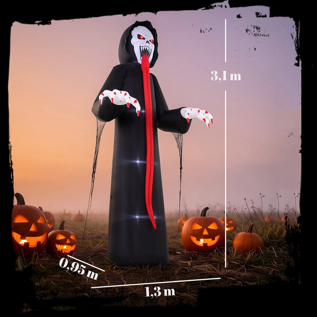 Outsunny Nafukovací Halloween kostlivec, 310 cm, s integrovanými LED světly, strašidelná dekorace pro vnitřní i venkovní použití
