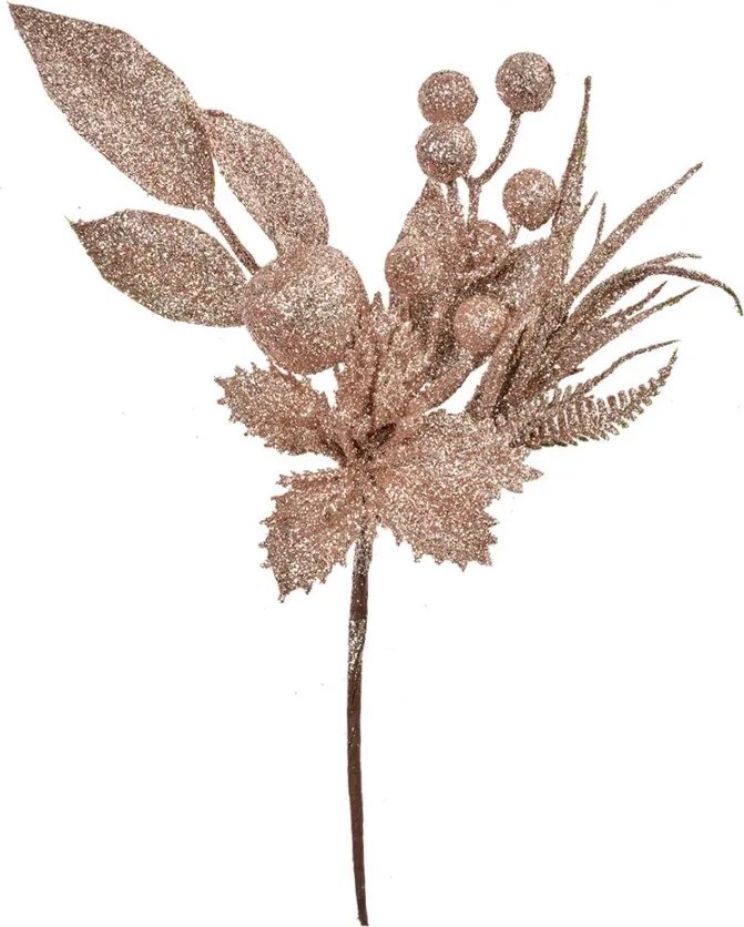 Vánoční růžová umělá třpytivá větvička s bobulemi - 7*5*25 cm