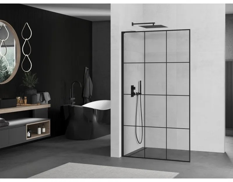 Mexen Kioto L, sprchová zástěna Walk-In 100 x 200 cm, 8mm čiré sklo černý vzor, černý profil, 800-100-103-70-77