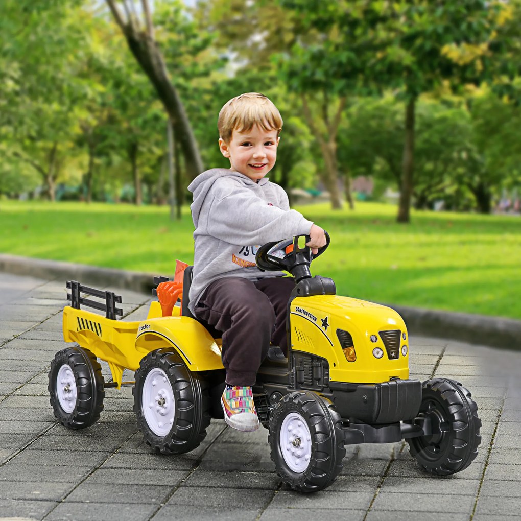 HOMCOM Pedálový Traktor s Přívěsem - Pedálové Auto pro Děti od 3 Let do Zahrady, Železný Žlutý 133 x 42 x 51 cm