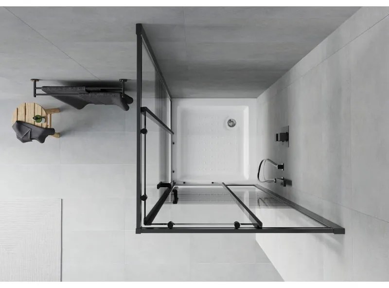 Mexen Rio, čtvercový sprchový kout s posuvnými dveřmi 70 (dveře) x 70 (dveře) x 190 cm, 5mm čiré sklo s pásky, černý profil + bílá sprchová vanička RIO, 860-070-070-70-20-4510