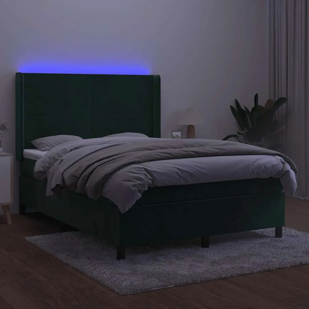 Box spring postel s matrací a LED tmavě zelená 140x190 cm samet 3139442