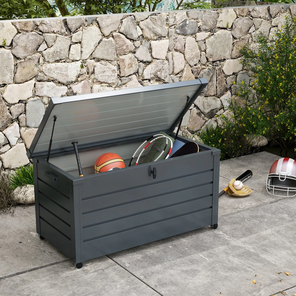 Outsunny Venkovní úložný box, zahradní box, box na polštáře, odolný proti povětrnostním vlivům, 4 kolečka, 100 x 62 x 65 cm, tmavě šedý