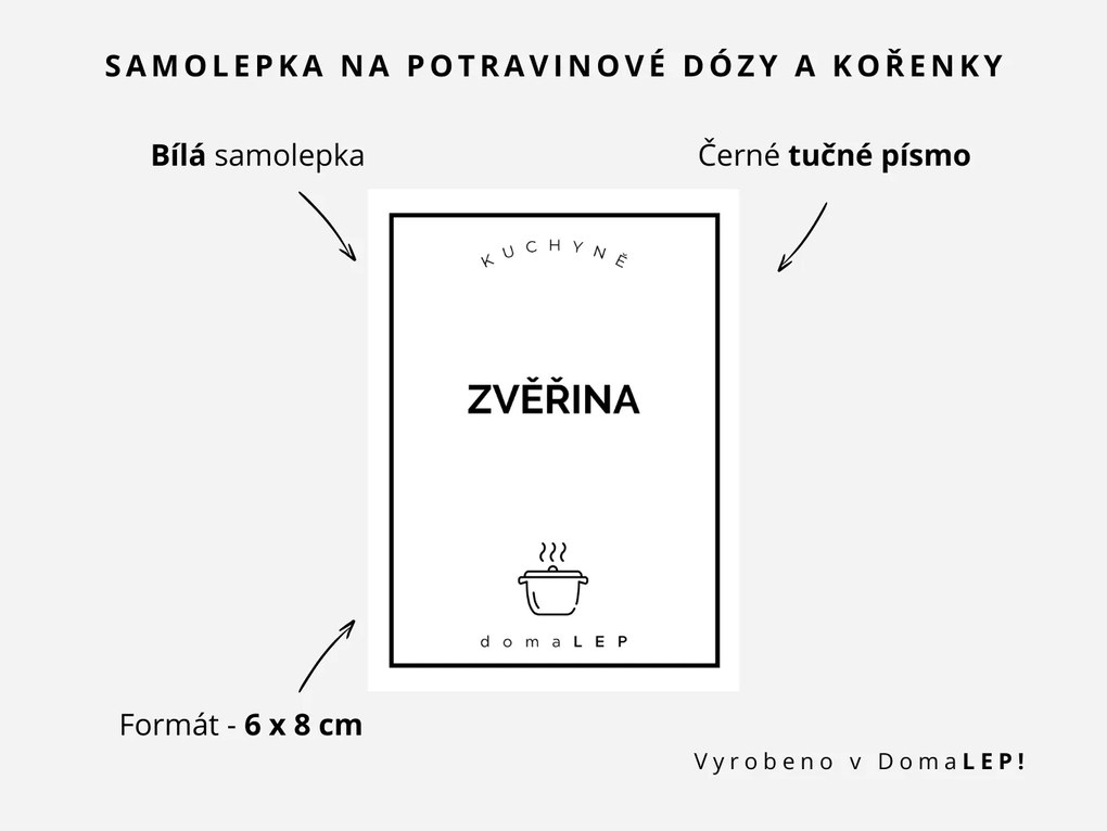 ZVĚŘINA - omyvatelná samolepka na kořenky, výběr rozměrů Ø 5 cm / 5 x 5 cm / 6 x 8 cm | DomaLEP tvar: KOLEČKO, barva: BÍLÁ - ČERNÉ písmo, velikost: Ø 5 cm - tučné písmo