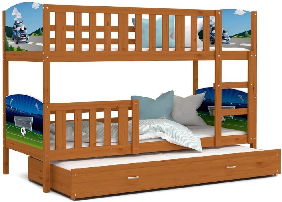 Expedo Dětská patrová postel DOBBY 3 s potiskem + matrace + rošt ZDARMA, 190x80, olše/vzor D04/H09