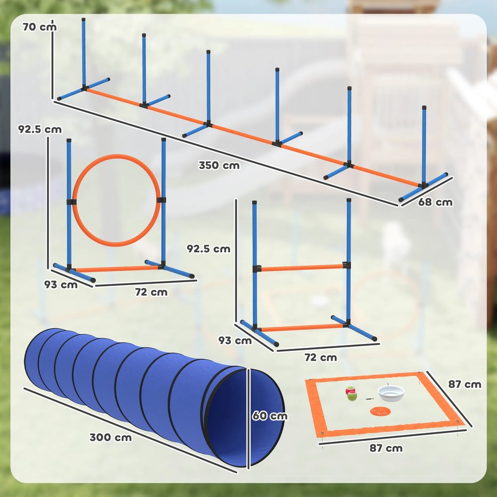 PawHut 8dílná sada agility pro psy s tunelem, slalomem, nastavitelnými překážkami, kruhem, pauzovací plošinou, miskou, hračkami a taškou — zahrada, v…