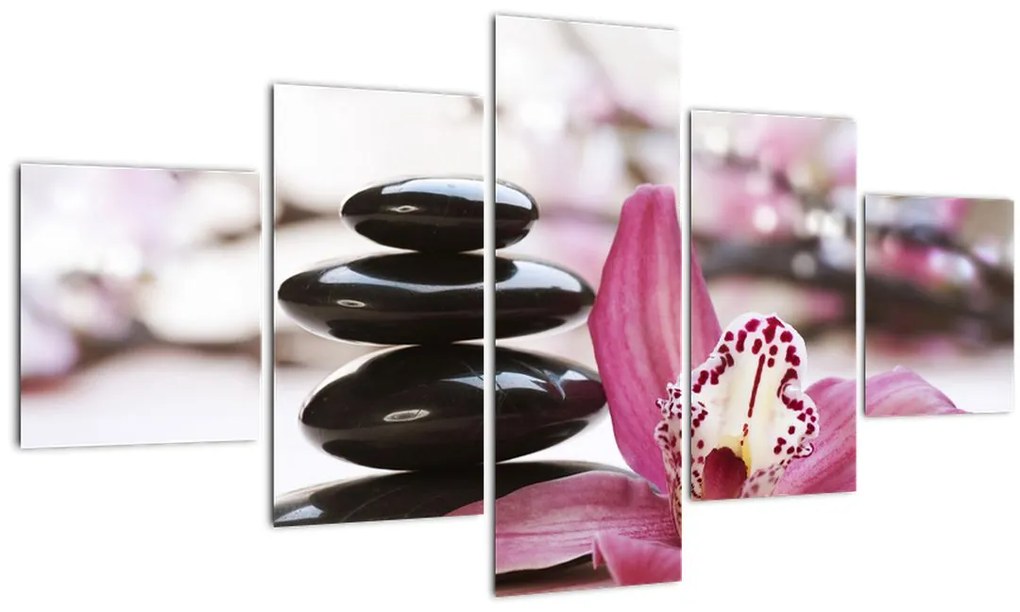 Obraz masážních kamenů a orchidee (125x70 cm)