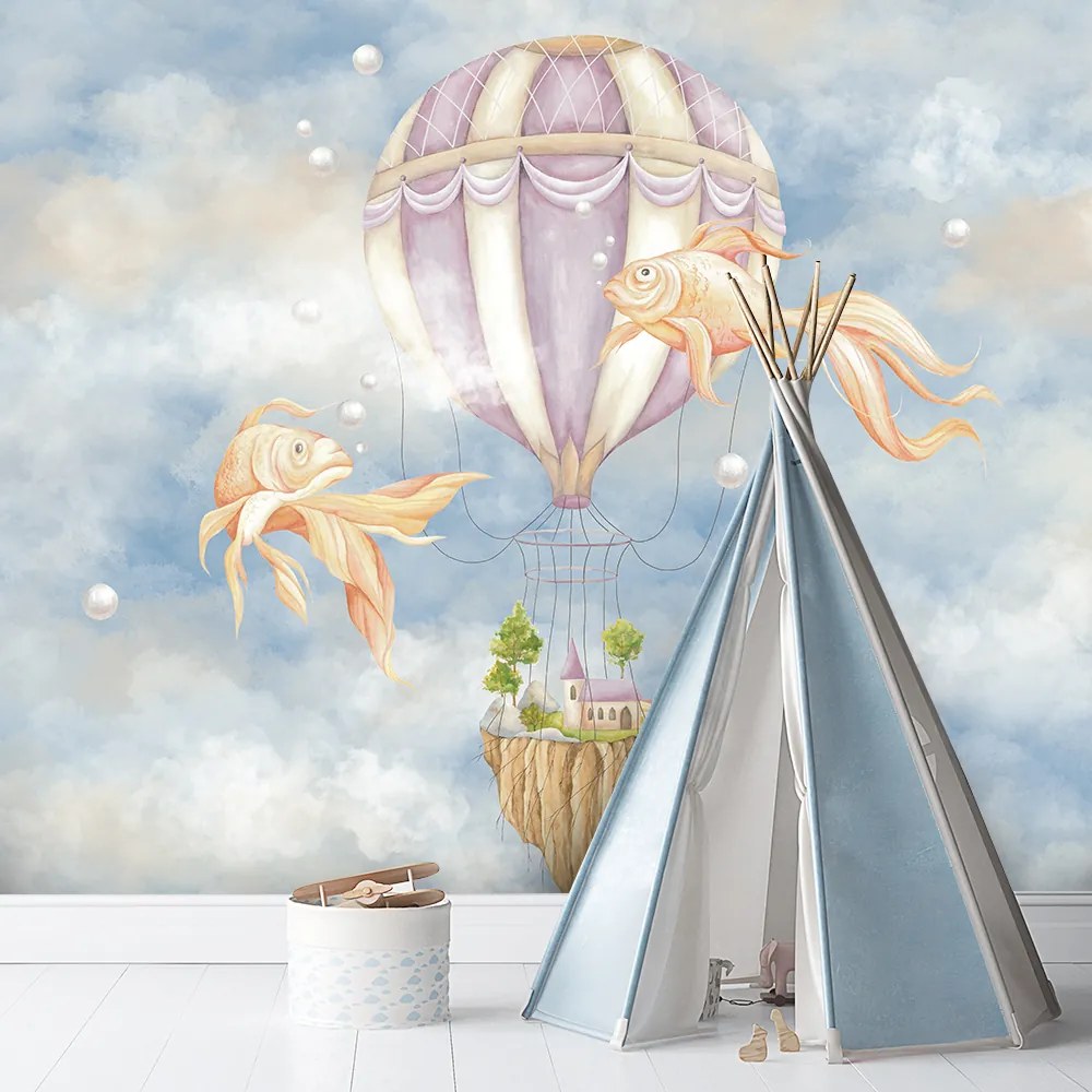Gario Fototapeta Horkovzdušný balón, dům a ryby na modré obloze Materiál: Vliesová, Rozměry: 200 x 140 cm