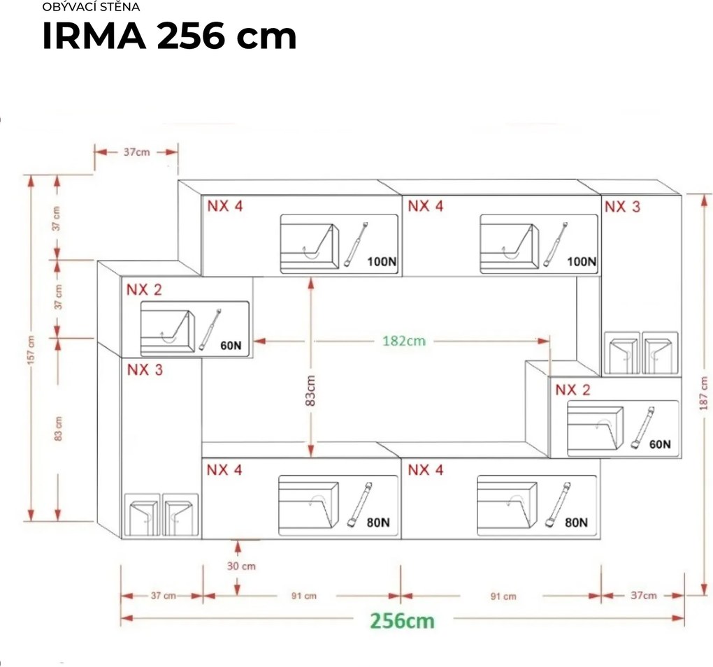 Ral Obývací stěna IRMA 6, 256 cm - Bílo/černý lesk