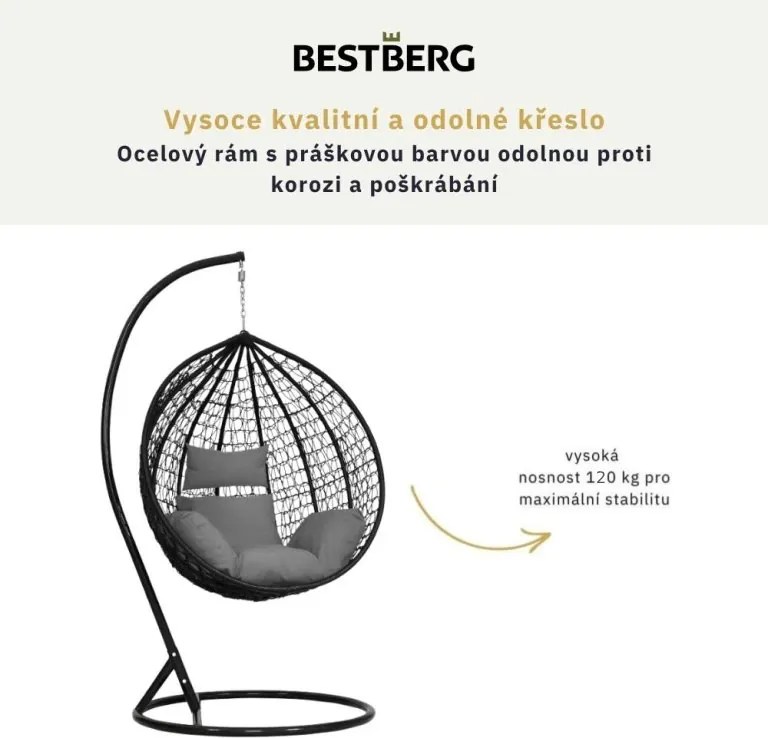Závěsné křeslo BestBerg BBHC-40BK / ratan / černá/šedá