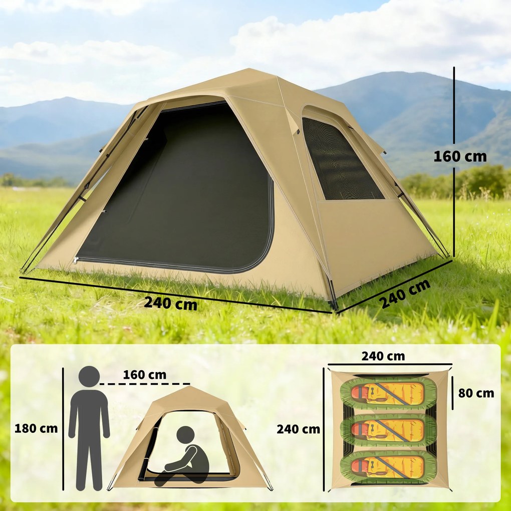 Instantní pop-up stan s pláštěnkou, nepromokavý kopulovitý stan pro 2-3 osoby se 2 vchody 2 okny 240x240x160 cm Khaki barva