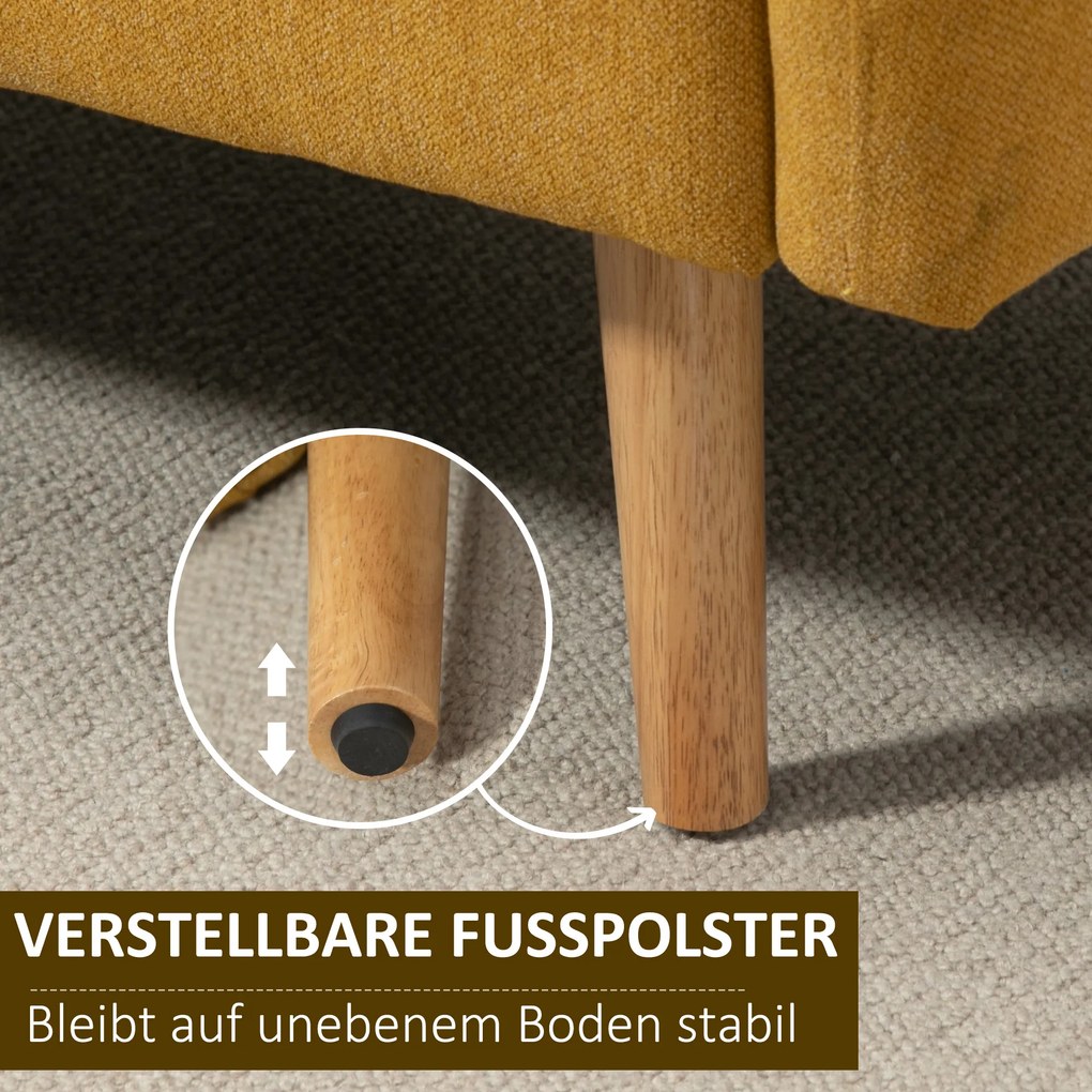 HOMCOM Dvoumístná pohovka s polštáři, nastavitelné podnožky, sametový polyester, pěna, kompaktní design, 2místná, přírodní+žlutá