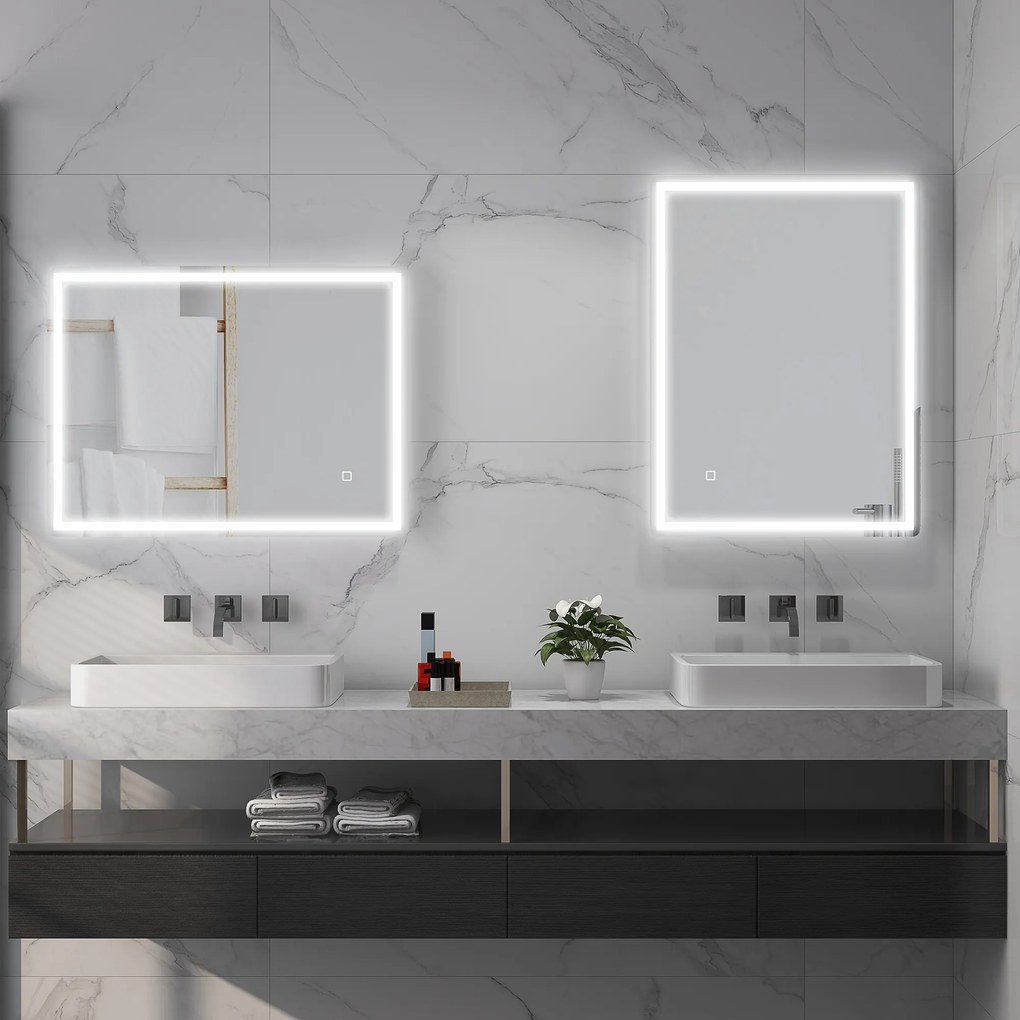 HOMCOM Stmívatelné osvětlené koupelnové zrcadlo 80x60 cm s paměťovou funkcí a povrchem proti zamlžení pro moderní koupelny