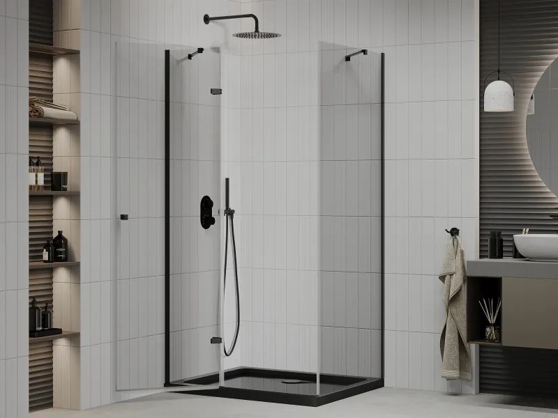 Mexen Roma, sprchový kout s 1-křídlými dveřmi 100 (dveře) x 80 (stěna) cm, 6mm čiré sklo, černý profil, slim sprchová vanička 5cm černá s černým sifonem, 854-100-080-70-00-4070B