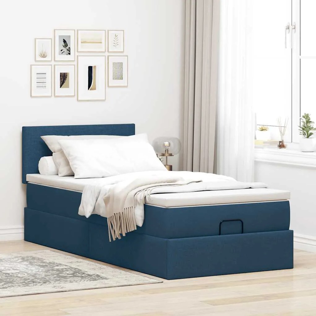 Osmanská postel s matrací & LED modrá 90x200 cm látka 3312200