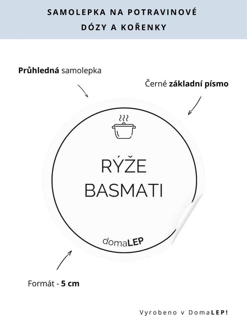 RÝŽE BASMATI – průhledná samolepka na dózu, základní písmo, 5 cm | DomaLEP
