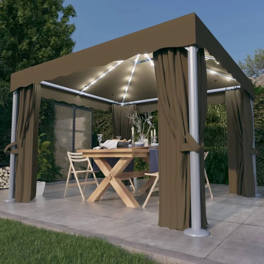 Altán se závěsy a světelnými LED řetězy 3 x 3 m taupe 3070349