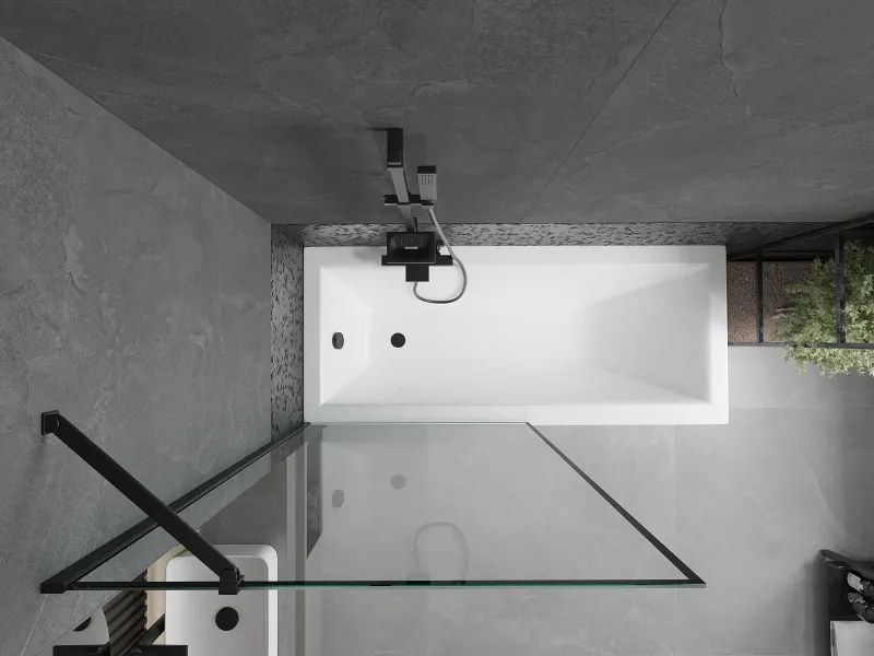Mexen Next, vanová zástěna 1-křídlová 90 x 150 cm, fixní křídlo, 6 mm čiré sklo s černým vzorem, černý profil, 895-090-000-00-70-70