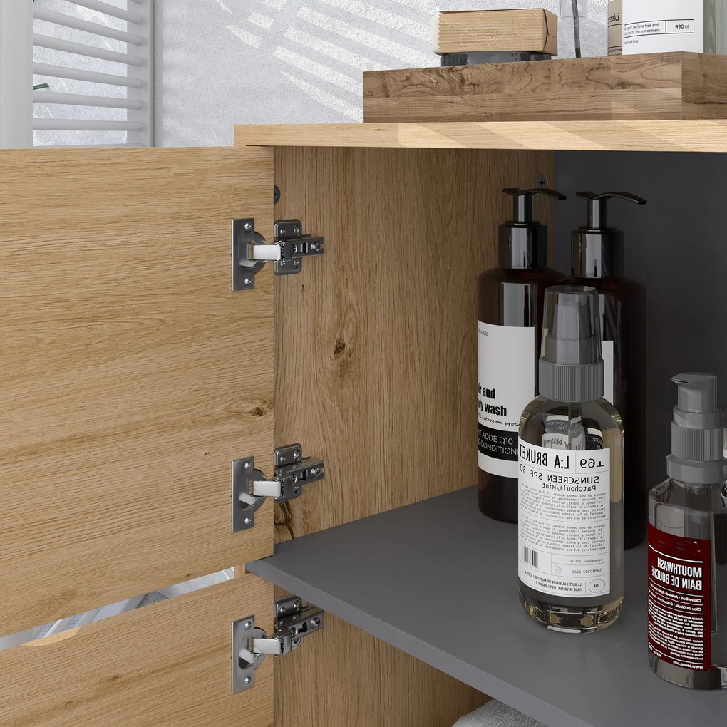 HOMCOM Koupelnová skříň, Úložná skříň s otevřenými oddíly a skříňkou, velikost koupelnové skříně 80D x 35Š x 70V cm, přírodní dřevo