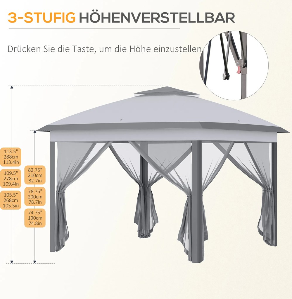 Outsunny skládací pavilon, zahradní pavilon, kov a plátno, síťové závěsy, odvodňovací otvory, 330D x 330Š x 288V cm, šedý 84C-300V01GY