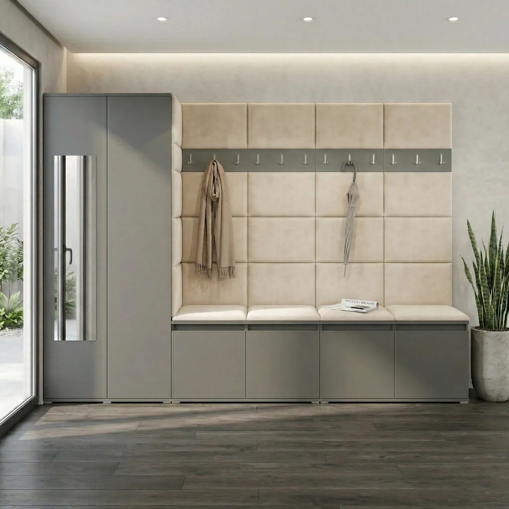 Předsíňová stěna Trinity 9 s čalouněnými panely, 290 cm, grafit/ krémově bílá