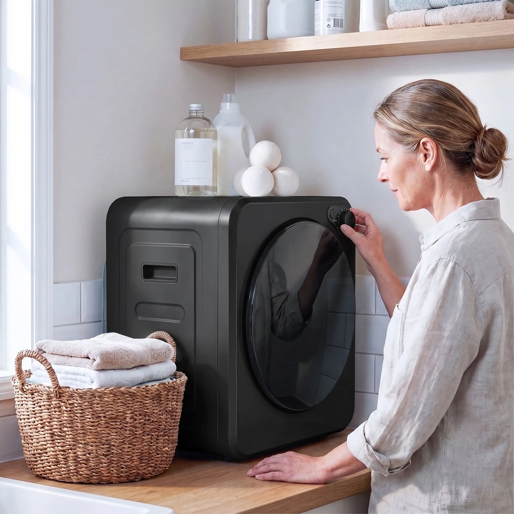 HOMCOM Mini sušička prádla 4 kg s 5 programy až do 60℃ 800W/400W odvětrávací sušička s nerezovým bubnem černá