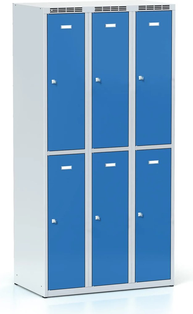 Kovová šatní skříňka S6 s úložnými boxy, 6 boxů, 1800 x 900 x 500 mm, otočný zámek, modré dveře