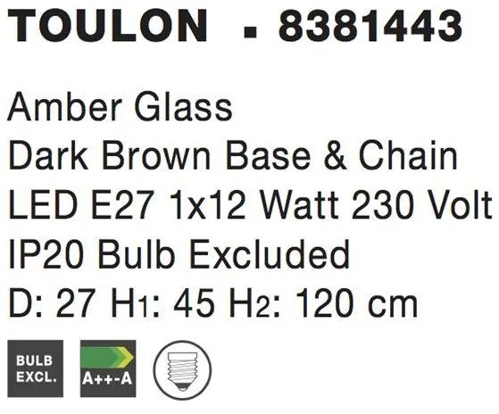 Nova Luce Závěsné svítidlo TOULON, 27cm, E27 1x12W Barva: Amber sklo