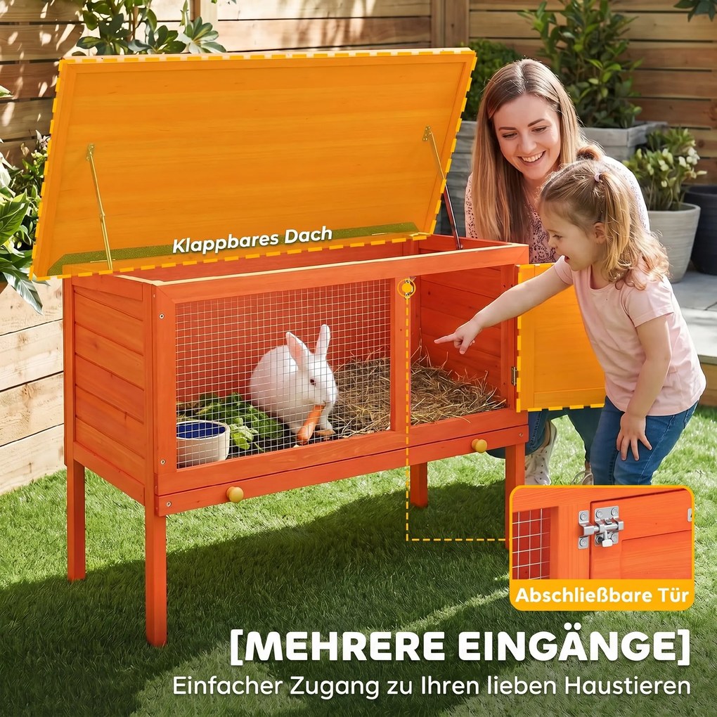 PawHut Zající kurník zvýšený králíkárna ze dřeva s otevíratelnou bitumenovou střechou vysouvací zásuvka 90x45x65 cm Oranžová