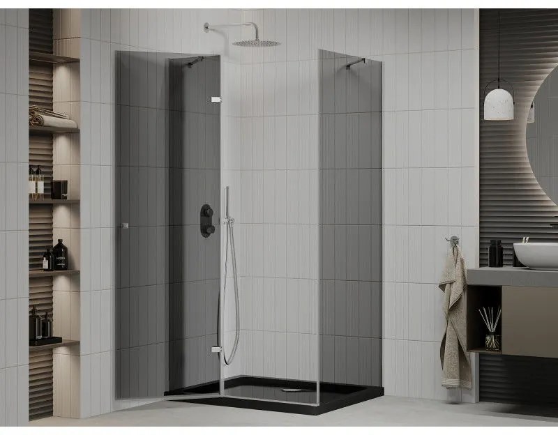 Mexen Roma, sprchový kout s křídlovými dveřmi 100 (dveře) x 80 (stěna) cm, 6mm šedé sklo, chromový profil + slim sprchová vanička černá + chromový sifon, 854-100-080-01-40-4070