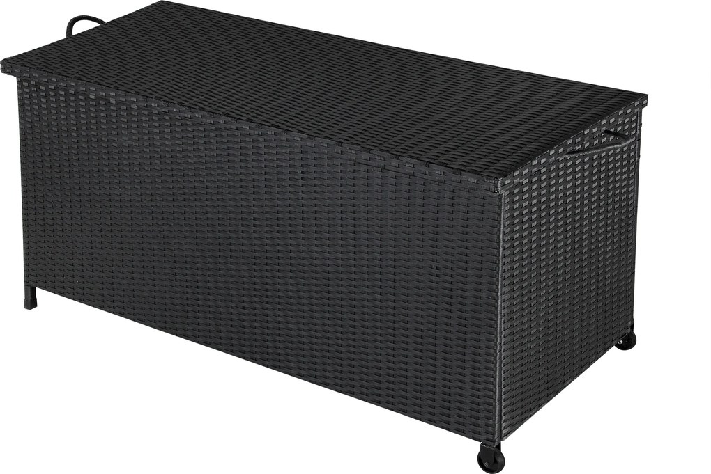 Zahradní úložný box umělý ratan černý 117x53x60cm s madla & kolečka