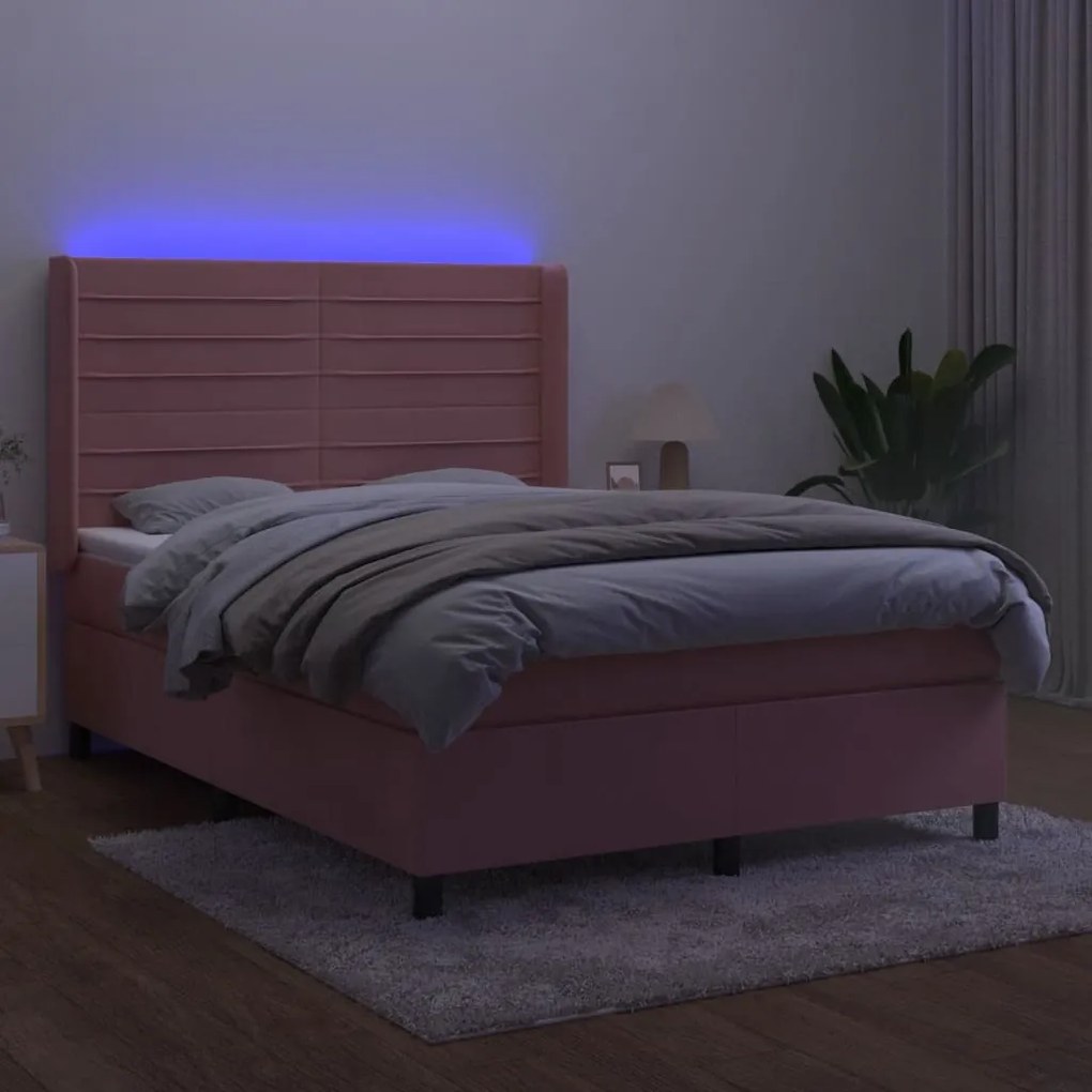 Box spring postel s matrací a LED růžová 140x200 cm samet 3139630