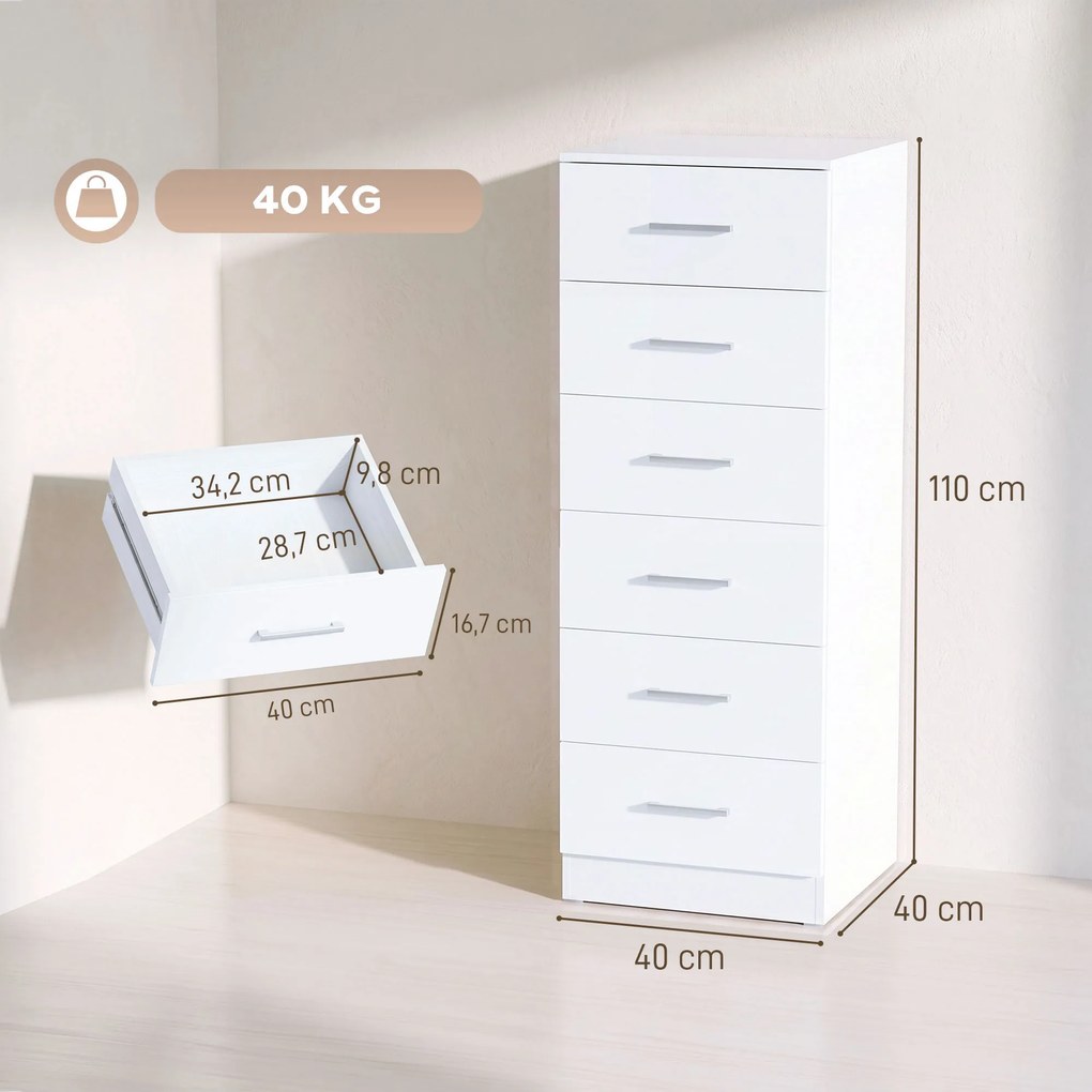 HOMCOM Komoda se 6 zásuvkami, moderní ložnicová komoda, úložná skříňka, 40 x 110 cm, bílá s dekorativním dřevěným vzhledem