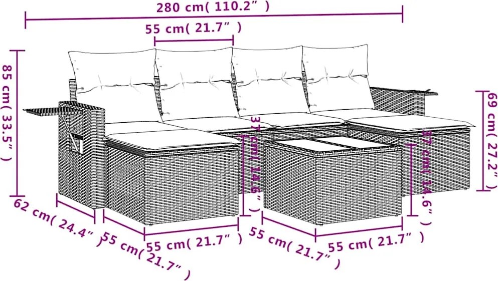 7dílná zahradní sedací souprava s poduškami černá polyratan 3252862