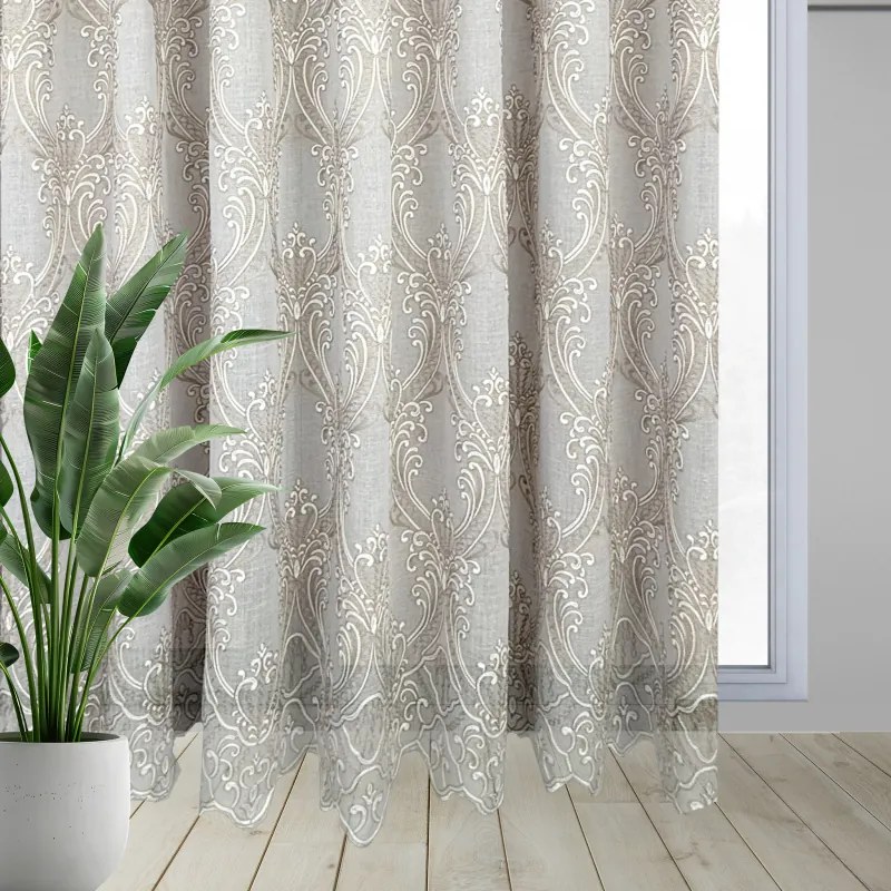 Voálová Luxusní vyšívaná záclona Versailles White and Beige metráž Ervi 3634-15