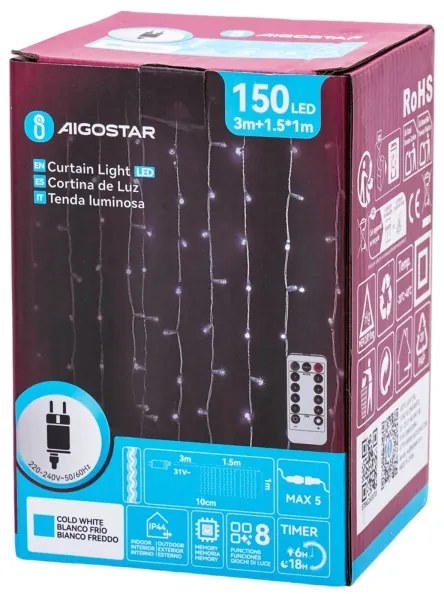 Aigostar - LED Ven. ván. řetěz 150xLED/6W/230V/8 funkcí 1,5x1m IP44 stud bílá+DO